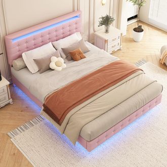Generic Modernes Flachbett mit LED-Beleuchtung und Fernbedienung, höhenverstellbarem Kopfteil, schwebendem Design, Stabiler Rahmen aus PU und MDF, perfekt für
