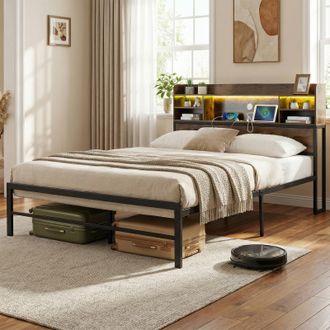 Giantex Bettgestell 140 x 200 cm, Doppelbett-Rahmen mit LED-Beleuchtung, Fernbedienung, Ladestation, Stauraum, Vintage-Design, ohne Lattenrost, Metallbettgest