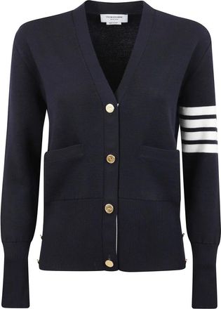 Thom Browne Femme, Pulls, Bleu, Taille: 36 FR Cardigan en laine à col en V avec poignets côtelés