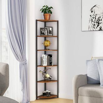 Soges Home B&uuml;cherregal Standregal f&uuml;r Ecke 6 St&ouml;ckiges Eckregal Freistehendes Regal Aufbewahrungsregal Industrielles Holzregal Regale St&auml;nder f&uuml;r K&uuml;che