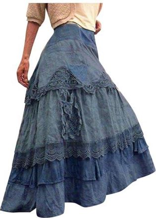 Generic Jupe longue dété 2026 à volants en dentelle style bohème pour femmes, bleu, 5XL