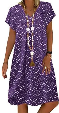 Minetom Robe Été Femme de Plage Rétro Bohême Robes Col V Robes au Genou Manches Courte Polka Dot Casual Grande Taille Tuniques Ample C Violet 44