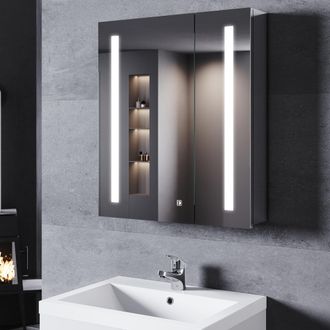 Sonni LED Spiegelschrank Bad und Steckdose 70 x 60cm, 2 T&uuml;riger Edelstahl Spiegelschrank mit Touch-Schalter, 3 Einstellbare Lichtfarben, Kabelloses Scharnie