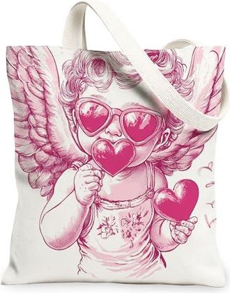 Generic Sac fourre-tout romantique en toile avec ange pour la Saint-Valentin, pour faire du shopping, 33 x 38,1 cm, sac d&eacute;picerie r&eacute;utilisable pour femme, pei