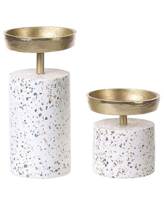 Beliani Kerzenst&auml;nder 2-er Set Aluminium Gold/wei&szlig; rund Terrazzo Optik Glam Kaengan