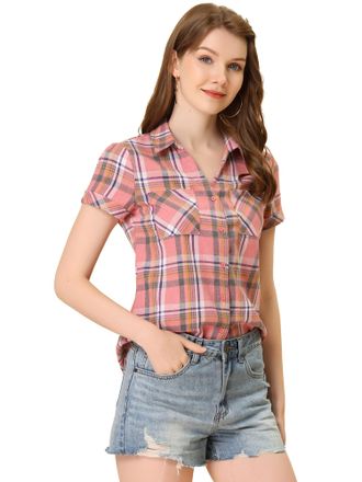 Allegra K Damen Kariertes Hemd Shirt Kariert Kurzarm Classic Oberteil mit Taschen Karo Bluse Hell-Pink XS