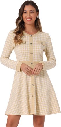 Allegra K Damen Elegant A-Linien Kleid Hahnentrittmuster Kontrastfarbe Rundhalsausschnitt Mini Kleid Aprikose M