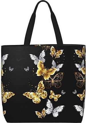 Generic Papillons Blancs Dor&eacute;s Noirs Sac A Main Femmes D&eacute;contract&eacute; Tote Bag R&eacute;utilisable Sac &Agrave; Bandouli&egrave;re Pour Quotidienne Plage Shopping
