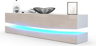 Vladon Lowboard City, Made in Germany, TV-Kommode mit Sockelelement, 1 offenem Fach und 3 Schubkästen, Weiß matt/Sandgrau Hochglanz, inkl. LED-Beleuchtung (1