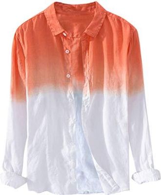 Generic Chemise d&eacute;grad&eacute;e teint&eacute;e pour homme, col boutonn&eacute;, manches longues, tendance en coton et lin respirant, chemise douce et ample, haut de plage l&eacute;ger po