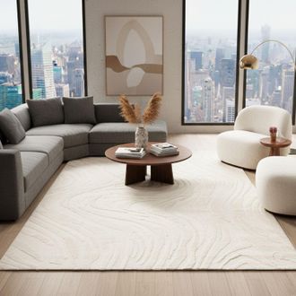Vimoda Teppich Wohnzimmer Teppich Schlafzimmer 3D Effekt modern Weich kurzflor Wellenmuster Qualitativ,Farbe:Creme;Ma&szlig;e:&Oslash; 160 cm Rund