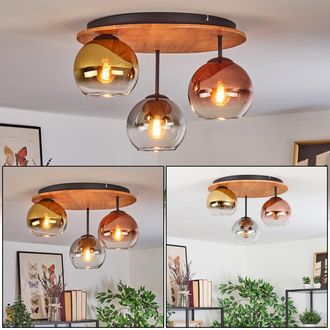 HOFSTEIN Deckenleuchte Koyoto, 3-flammige Deckenlampe aus Metall/Holz/Glas in Schwarz/Natur/Rauch/Kupfer/Gold/Klar, Leuchte im Vintage-Design (Schirme Ø 15cm),