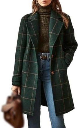 Generic Trench dhiver &agrave; col crant&eacute; pour femme, manteau r&eacute;tro &agrave; carreaux, manteau dext&eacute;rieur boutonn&eacute; mi-long, vert fonc&eacute;, XXL