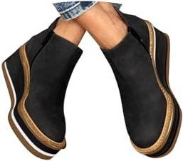 Generic Bottines compens&eacute;es pour femme - Couleur unie - Bout rond - Chaussures courtes dhiver et dautomne - En cuir - Bout rond - Fond &eacute;pais, Noir, 38.5 EU