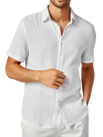 Onsoyours Hemd Herren Kurzarm Button Down Sommerhemd Musselin Leicht Strand Freizeit Businesshemd A Wei&szlig; XL