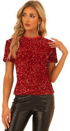Allegra K Chemisier en Velours à Sequins pour Femmes Haut Paillettes à col Rond et à Manches Courtes T-Shirt Brillant Rouge L