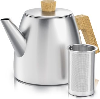 Arendo Teekanne Edelstahl mit Siebeinsatz - 1000 ml - mit Griffen aus Holz - Teekanne thermo doppelwandig - Silber