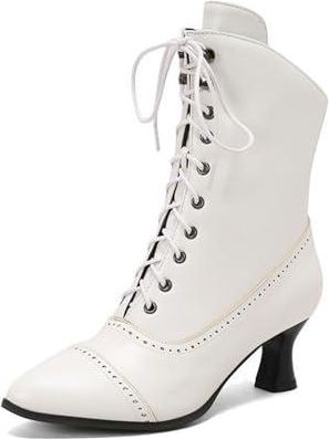 Generic Bottines Femmes à Bout Pointu et Lacets, Bottines Courtes à Talon Haut Vintage pour Quotidien & Soirée,Blanc,34 EU
