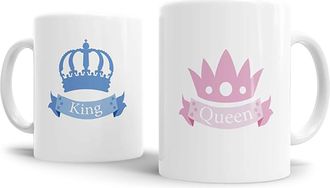 Tassendruck Pärchen-Tassenset für Sie & Ihn King & Queen mit Krone Geschenk/Partner/Liebe/Love/Beziehung/Paare/Beste Qualität - 25 Jahre Erfahrung