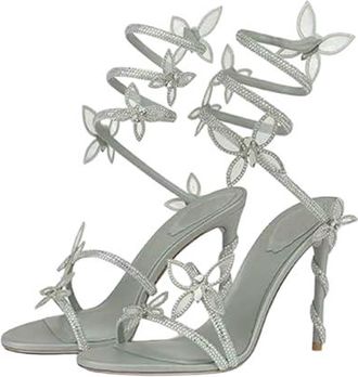 Generic YUJIEBB &Eacute;l&eacute;gant Rose Mariage Carstal Bow Talons Hauts Sandales Femme &Eacute;t&eacute; Sangle de Cheville Mince Talons Hauts Bout Ouvert Chaussures de F&ecirc;te, argent&eacute;