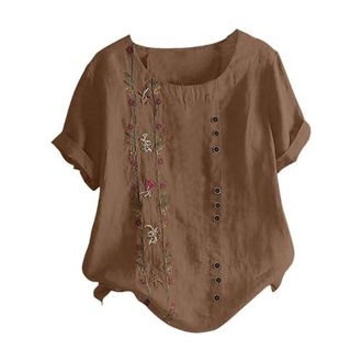 Generic T-shirt noir simple T-shirt r&eacute;tro en lin pour femme avec broderie florale T-shirt d&eacute;contract&eacute; &agrave; manches courtes pour les loisirs bureau T-shirts dr&ocirc;le