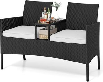 Giantex Canap&eacute;-lit dext&eacute;rieur en rotin, avec table basse int&eacute;gr&eacute;e, coussins amovibles, meubles en osier pour jardin, balcon, v&eacute;randa (blanc)