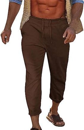 Generic Pantacourt court en coton et lin pour homme - Léger - Pour lété, la plage, le yoga - Jambe droite - Extensible - Cordon de serrage - Pantalon de march