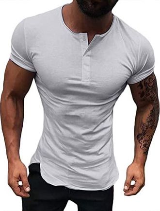 ORANDESIGNE Henley T-Shirt Court Manche Poids léger Détendu en Forme Décontractée avec 3 Boutons Patte de Boutonnage Col Rond Chemises A Gris S