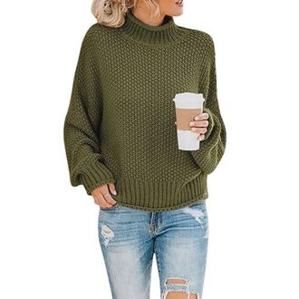Generic Pull d&eacute;contract&eacute; et confortable &agrave; col montant pour femme, pull surdimensionn&eacute; &agrave; manches longues chauve-souris, pull ample en tricot &eacute;pais, Vert, XXL