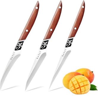 Plys Petit ensemble de 3 couteaux de cuisine avec manche en bois : Couteau &agrave; l&eacute;gumes professionnel, couteau &agrave; fruits, couteau doffice, acier inoxydable, su