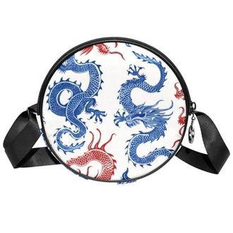 Generic Petit sac &agrave; bandouli&egrave;re rond pour femme, sac &agrave; bandouli&egrave;re motif dragons, sac &agrave; dos avec fermeture &eacute;clair, bretelles r&eacute;glables, sac &agrave; main rond d&eacute;cont