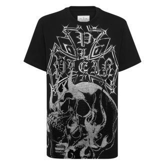 Philipp Plein Homme, Tops, Noir, Taille: 4XL T-Shirt Col Rond Chrome Crest Skull