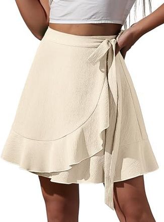 Feoya Jupe Volante Femme Courte Taille Haute Jupe Portefeuille Volantée Mini Jupe Eté Plage à Taille Nouée Beige M