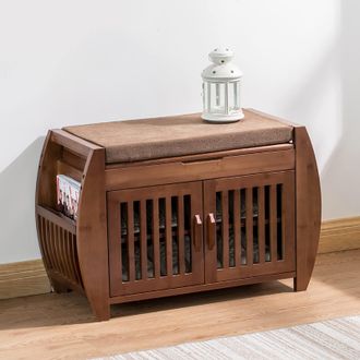 Generic Rustikale Schuhbank Aus Massivholz - Sitzfläche Mit Leinenpolsterung Und Zeitschriftenhalter(72x46.5x32cm(28x18x13inch))