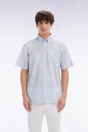 Eden Park Chemise &Agrave; Manches Courtes En Coton &Agrave; Carreaux Vichy Ciel Coupe Droite