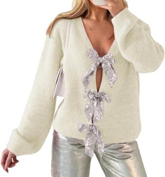 Generic Cardigan pour femme avec noeud &agrave; paillettes, manteau tricot&eacute; ouvert sur le devant, manches longues, col en V, m&eacute;lange de coton, beige, XXL