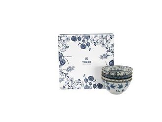 Tokyo Design Studio Flora Japonica Set de 4 Bols Bleu-Blanc, &Oslash; 12 cm, Hauteur 6,3 cm, env. 300 ML, Porcelaine Japonaise, d&eacute;cor Floral Japonais, bo&icirc;te Cadeau Incluse