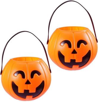 Amosfun 2 x Halloween-K&uuml;rbis-Eimer, tragbarer K&uuml;rbis-Eimer f&uuml;r S&uuml;&szlig;igkeiten, K&uuml;rbis-Eimer f&uuml;r Halloween, Party-Dekoration, Zubeh&ouml;r, 17 cm, Orange