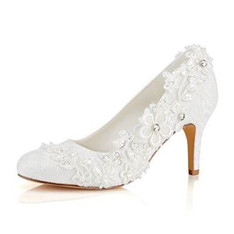 Emily Bridalwear Chaussures de Mariage Femmes Satin comme Satin Talon Stiletto Pompes avec Couture Dentelle Fleur Perle Cristal