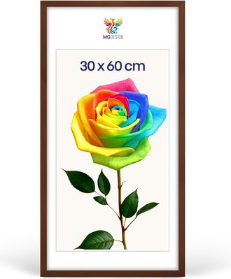 MG Design Bilderrahmen 30 x 60 cm - Posterrahmen mit Braun Holzrahmen (Echtholz) und bruchsicherem Acrylglas, Hoch & Quer mit verst&auml;rkter Wandaufh&auml;ngung