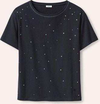 Walbusch T-Shirt Damen Baumwollshirt mit Glitzersteinen Rundhals Halbarm, pflegeleicht