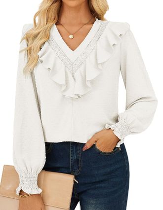 Grace Karin Sommer Blusen für Damen V-Ausschnitt Lässig Arbeit Büro Business Hemden Weiß XL