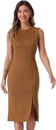 Allegra K Robes en Faux Su&egrave;de pour Femmes sans Manches Col Rond Ourlet Fendu Robe Fourreau de Travail Marron L