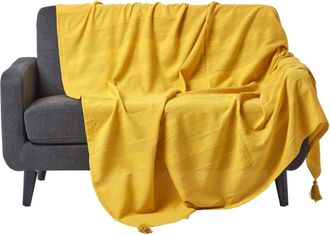 Homescapes Wohndecke Rajput gelb - leichte Baumwolldecke 225x255 cm, Tagesdecke aus 100% Baumwolle, Sofaüberwurf handgewebt mit Streifenstruktur, Couch-Überwurf 