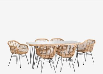 Sklum Sklum - Ensemble table rectangulaire en osier synth&eacute;tique Leribert (180x90 cm) et 6 chaises de jardin en osier synth&eacute;tique Zole naturel