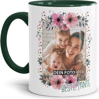 Tassendruck Keramik Tasse - Beste Tante - mit Foto selbst gestalten - Geschenk f&uuml;r die beste Tante, Geburtstag, Weihnachten I Personalisiert, Dunkelgr&uuml;n, 300 ml