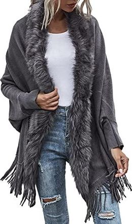 Generic Tops dhiver avec col en fausse fourrure - Cardigan ouvert sur le devant - Pull en tricot confortable - Vêtement de détente saisonnier, gris, L