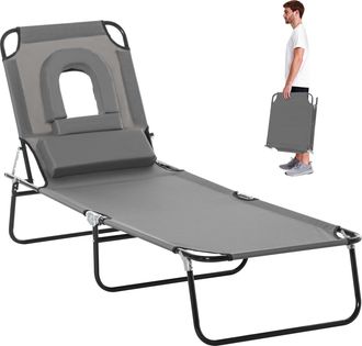OUTSUNNY Sonnenliege klappbar Gartenliege mit Gesichtsloch, Kopfkissen, Liegestuhl mit 4-Fach verstellbare R&uuml;ckenlehne, wetterfeste Campingliege bis 120 kg bel