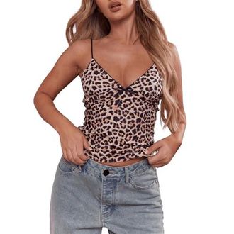 Generic D&eacute;bardeur spaghetti pour femme - Sexy - L&eacute;opard - Haut d&eacute;t&eacute; Y2K - Crop Tops &eacute;l&eacute;gants - Col en V - D&eacute;bardeur de sport sans manches - D&eacute;contract&eacute; - En c