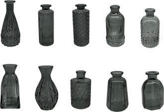 Relaxdays Vasen, 10er Set, strukturiert, Vintage-Design, Glas, H: 10-14,7 cm, kleine Dekovasen für Tischdeko, grau